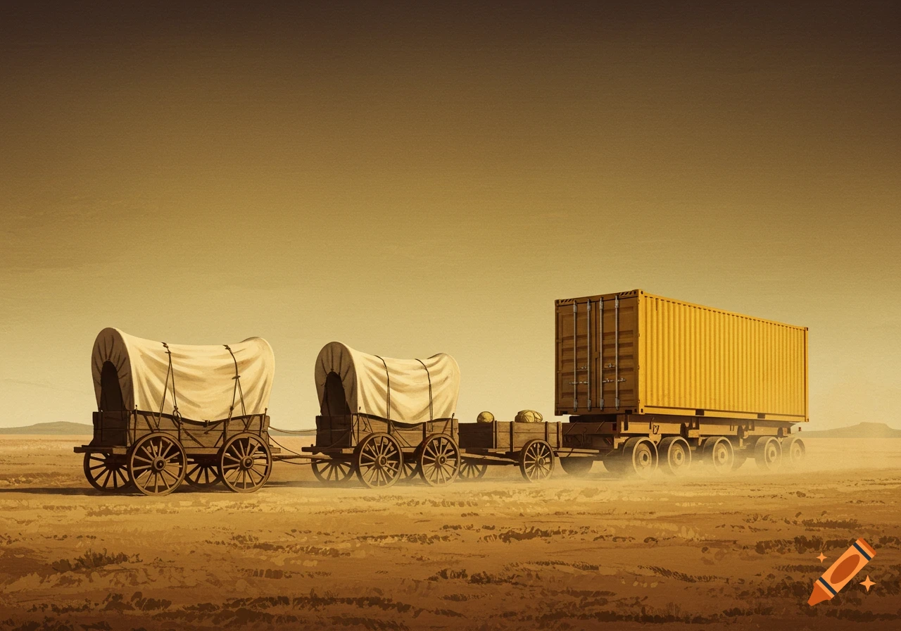 Illustration of two covered wagons and a shipping container on a ...