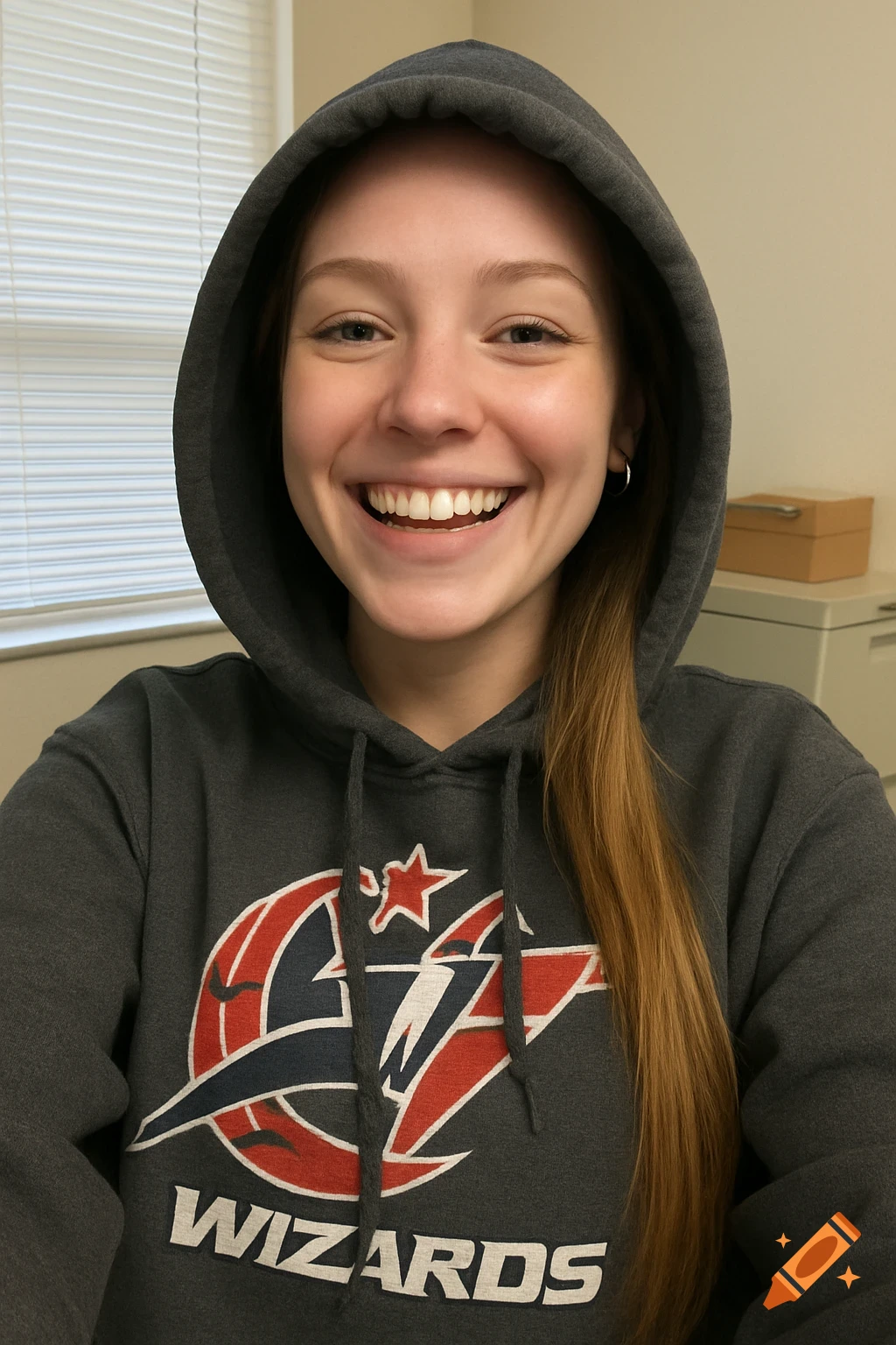 Young woman in gray Wizards hoodie smiling widely on Craiyon