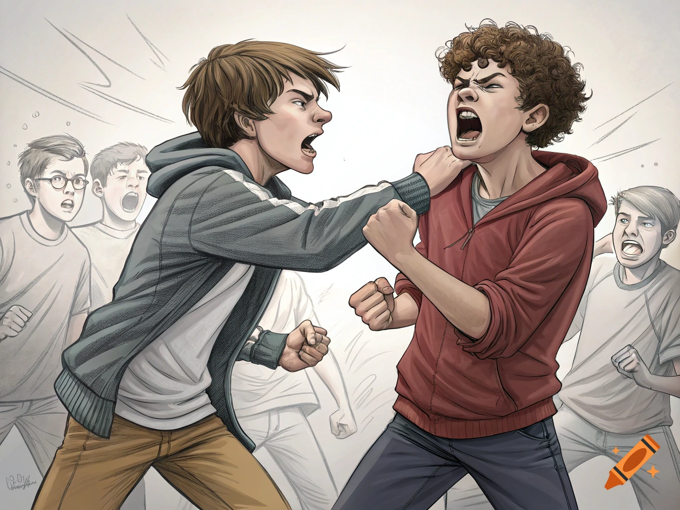 Cartoon drawing of two teenagers fighting while others watch. on Craiyon