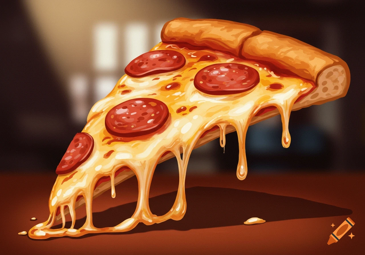Close-up illustration of a slice of pepperoni pizza with melting cheese. on Craiyon