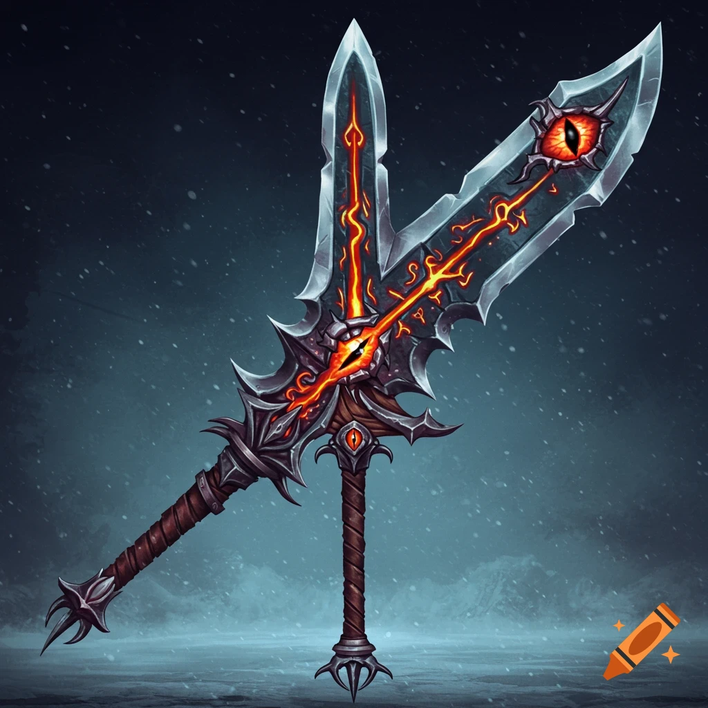 Two elaborate fantasy swords with eyes, fiery runes, and spiky hilts ...