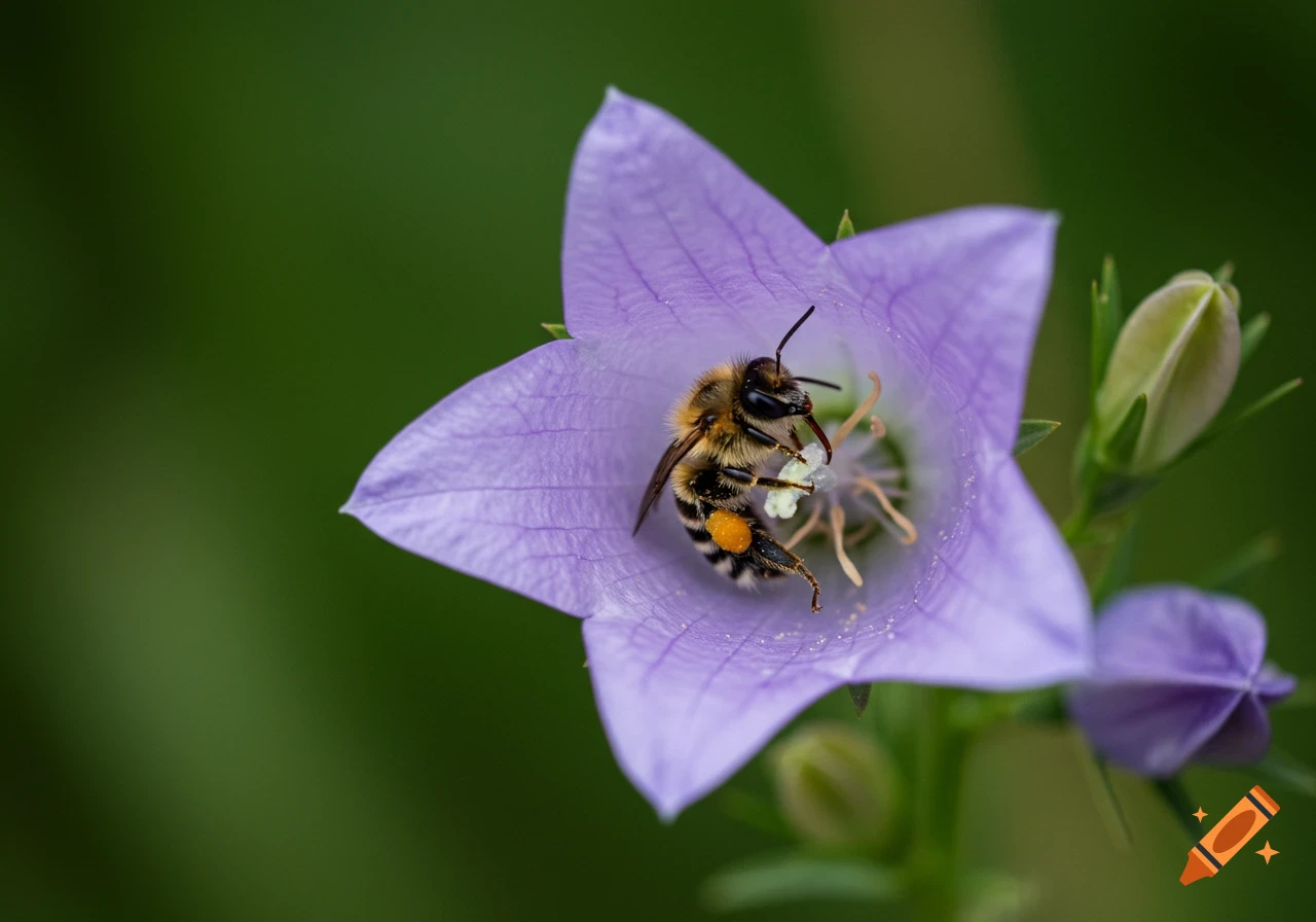 Close-up photo of a bee inside a purple campanula flower on Craiyon