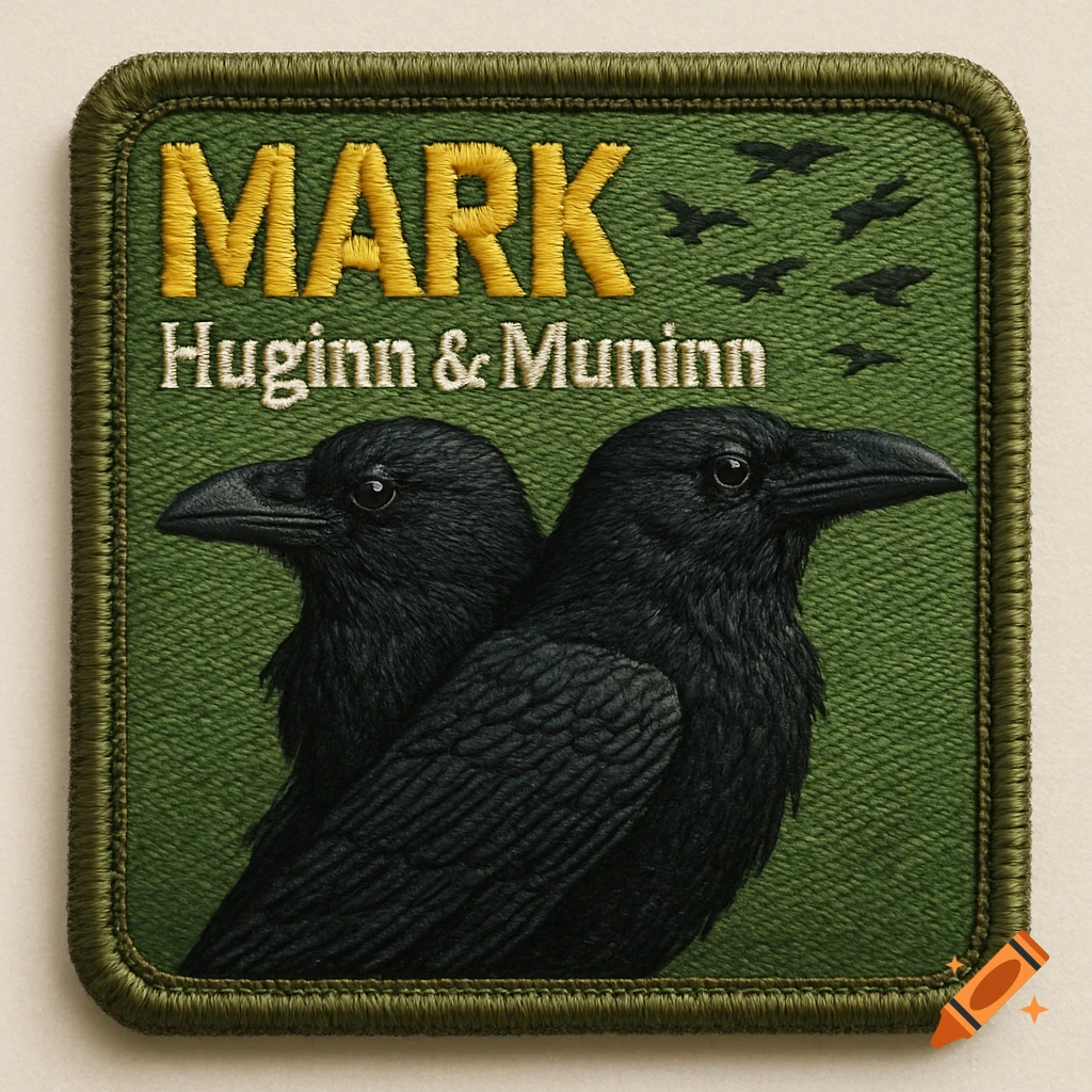 Embroidery patch with two ravens and the text 'MARK Huginn & Muninn' on Craiyon