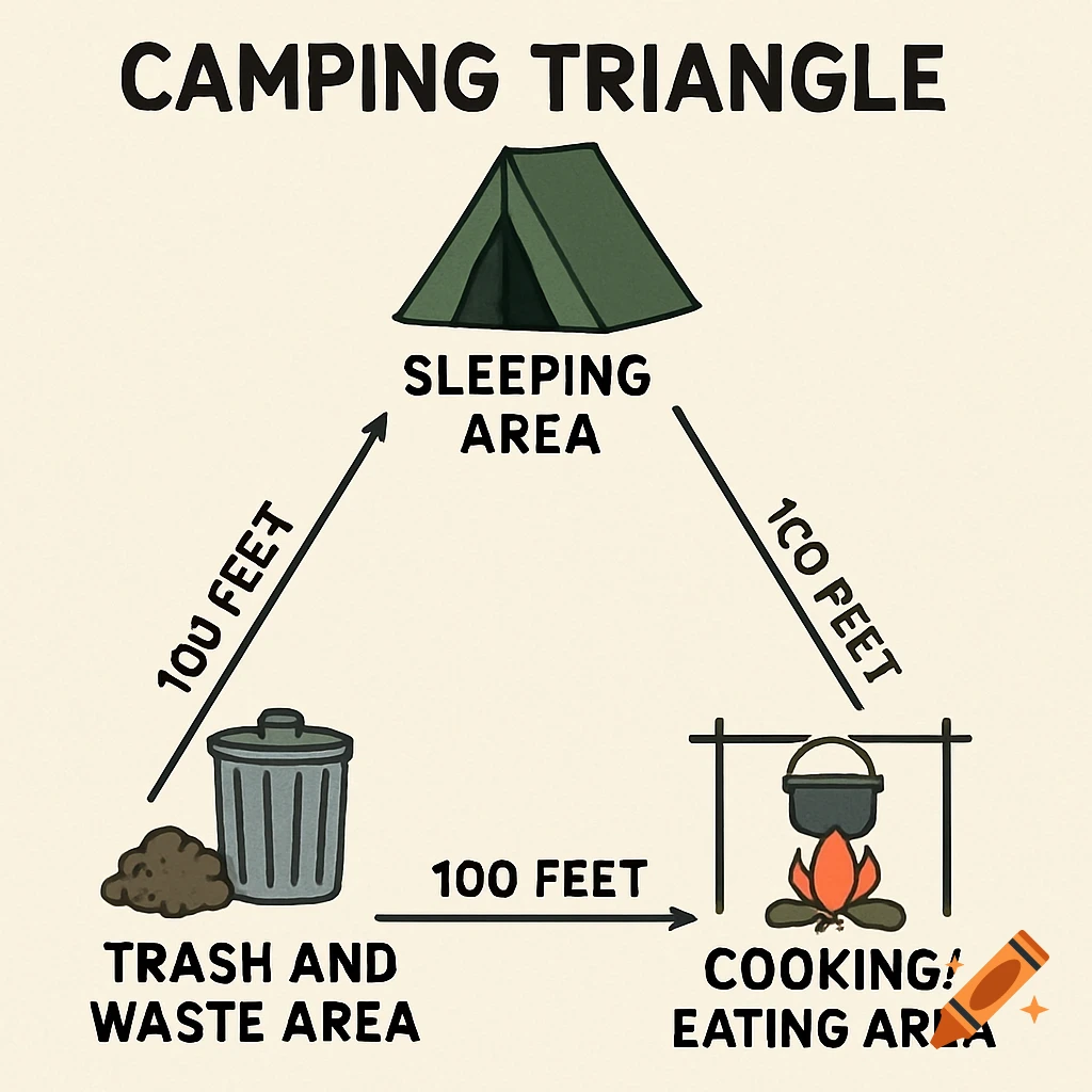 An illustration of a camping triangle diagram showing sleeping, trash ...