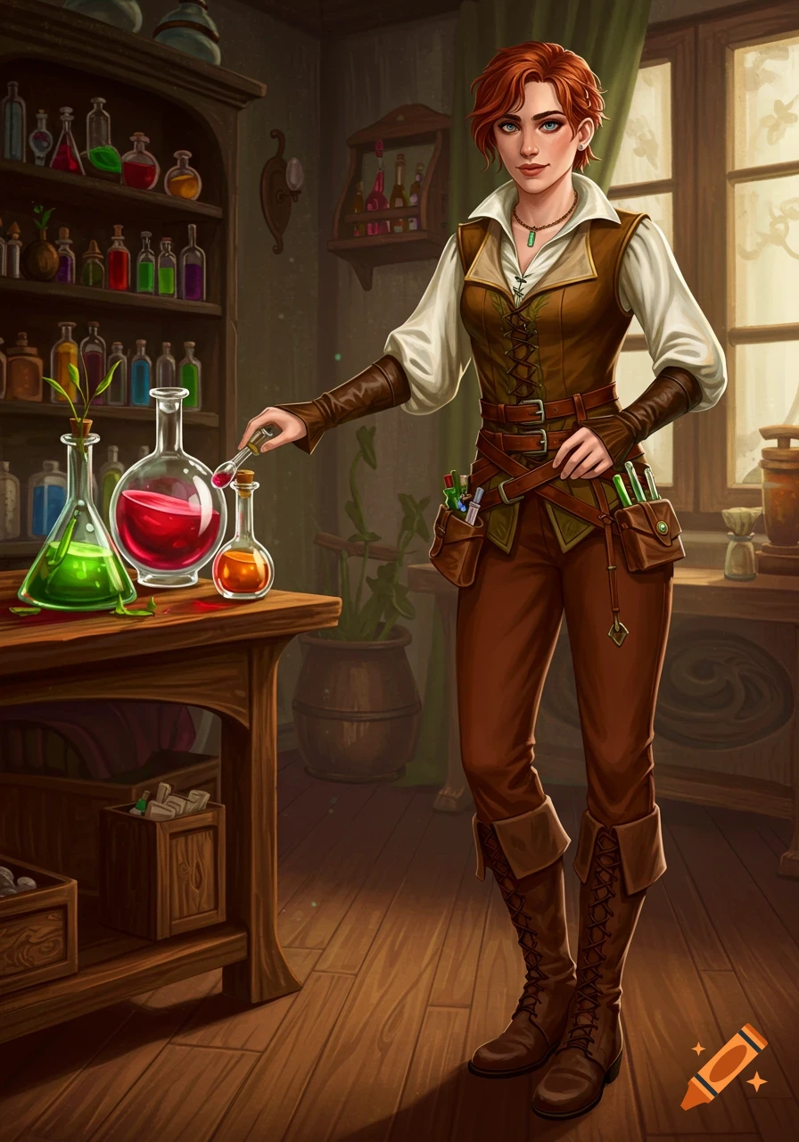 A woman in fantasy alchemist attire stands by a table with flasks in a ...