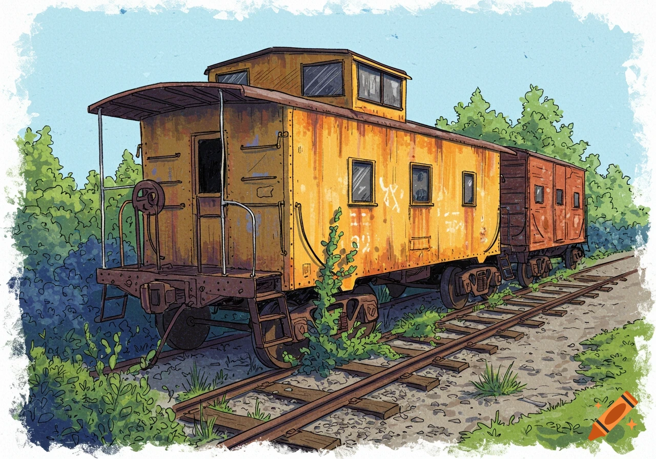 A rusty yellow train caboose sits abandoned on overgrown tracks ...