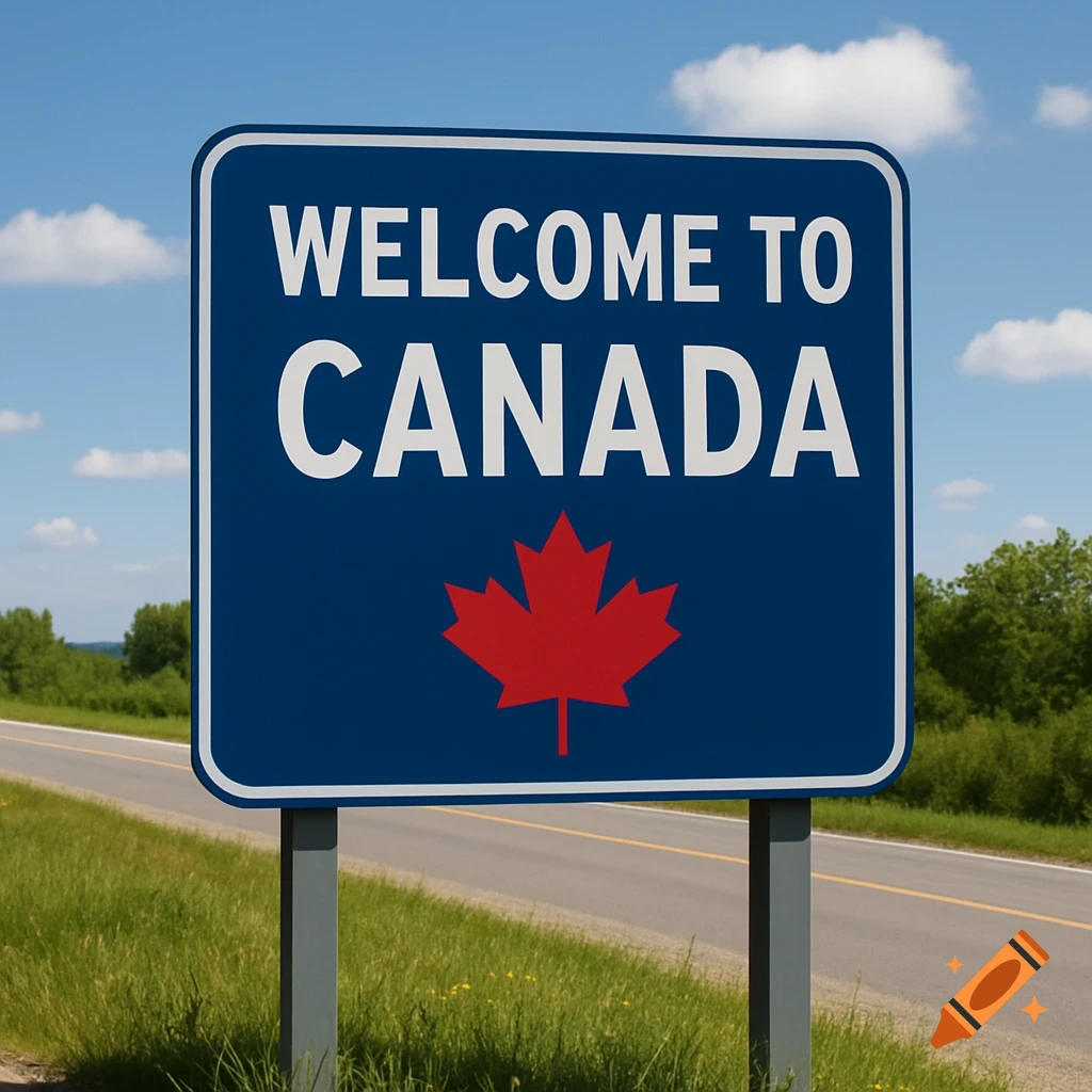 A blue sign reading "WELCOME TO CANADA" with a red maple leaf stands by ...