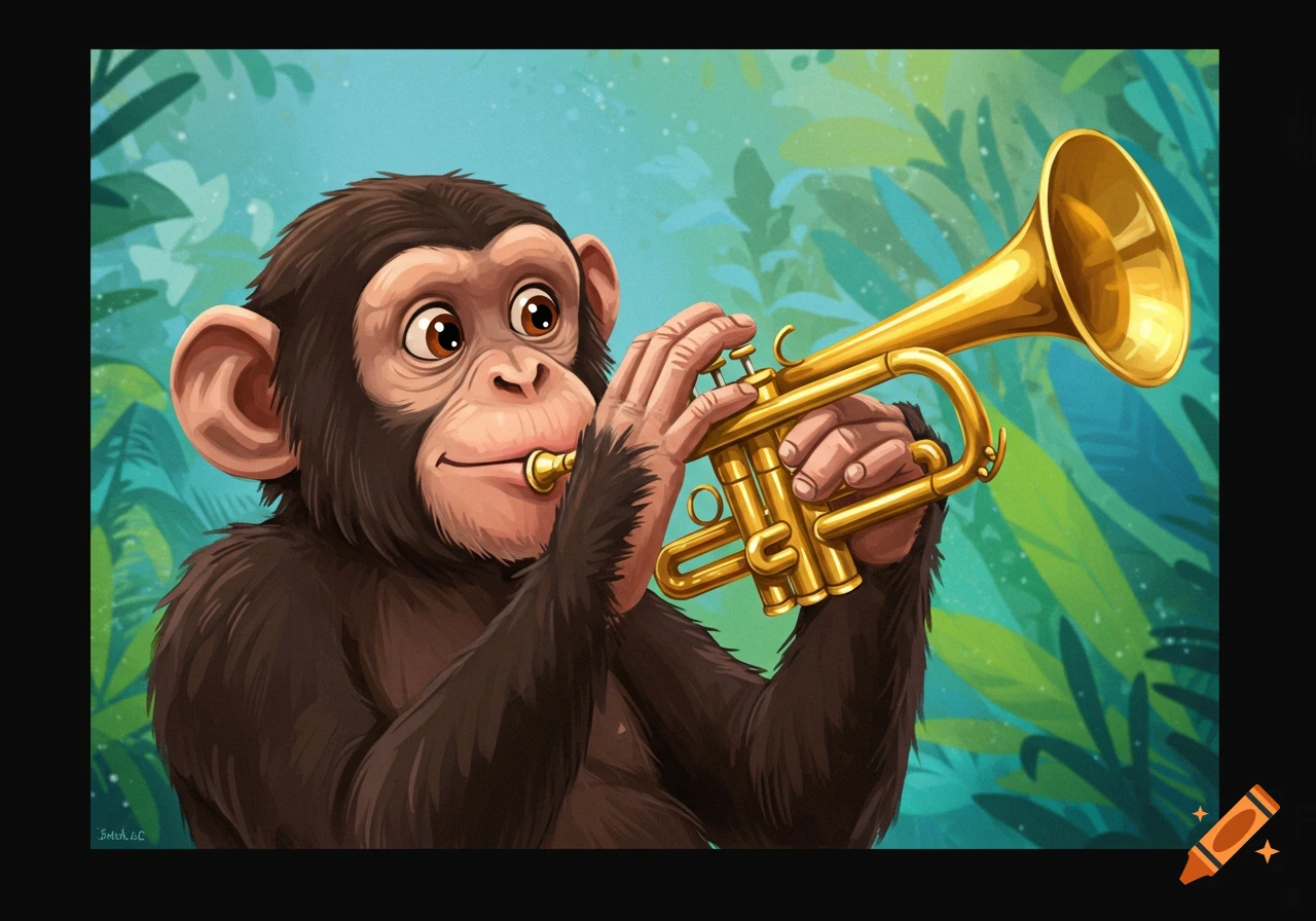 An illustration of a chimpanzee playing a trumpet in a jungle on Craiyon