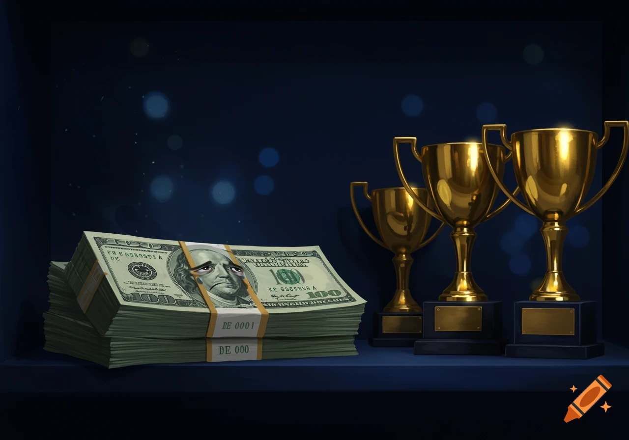 A stack of money with a sad face looks up at three golden trophies on a ...
