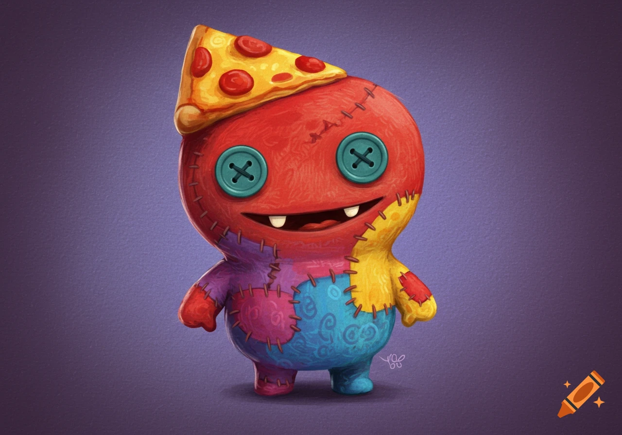 A colorful patched doll monster with button eyes and a pizza slice on ...