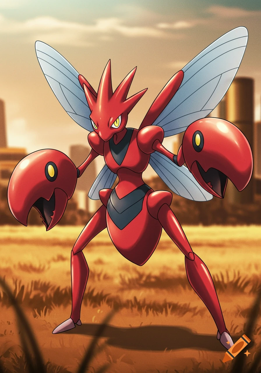 An anime illustration of the red insectoid Pokemon Scizor standing in a ...