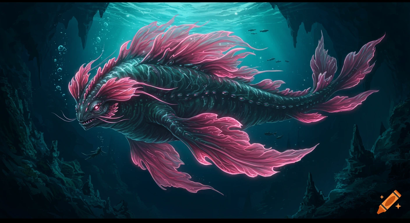 A large, glowing pink and dark green deep-ocean leviathan swims in an ...