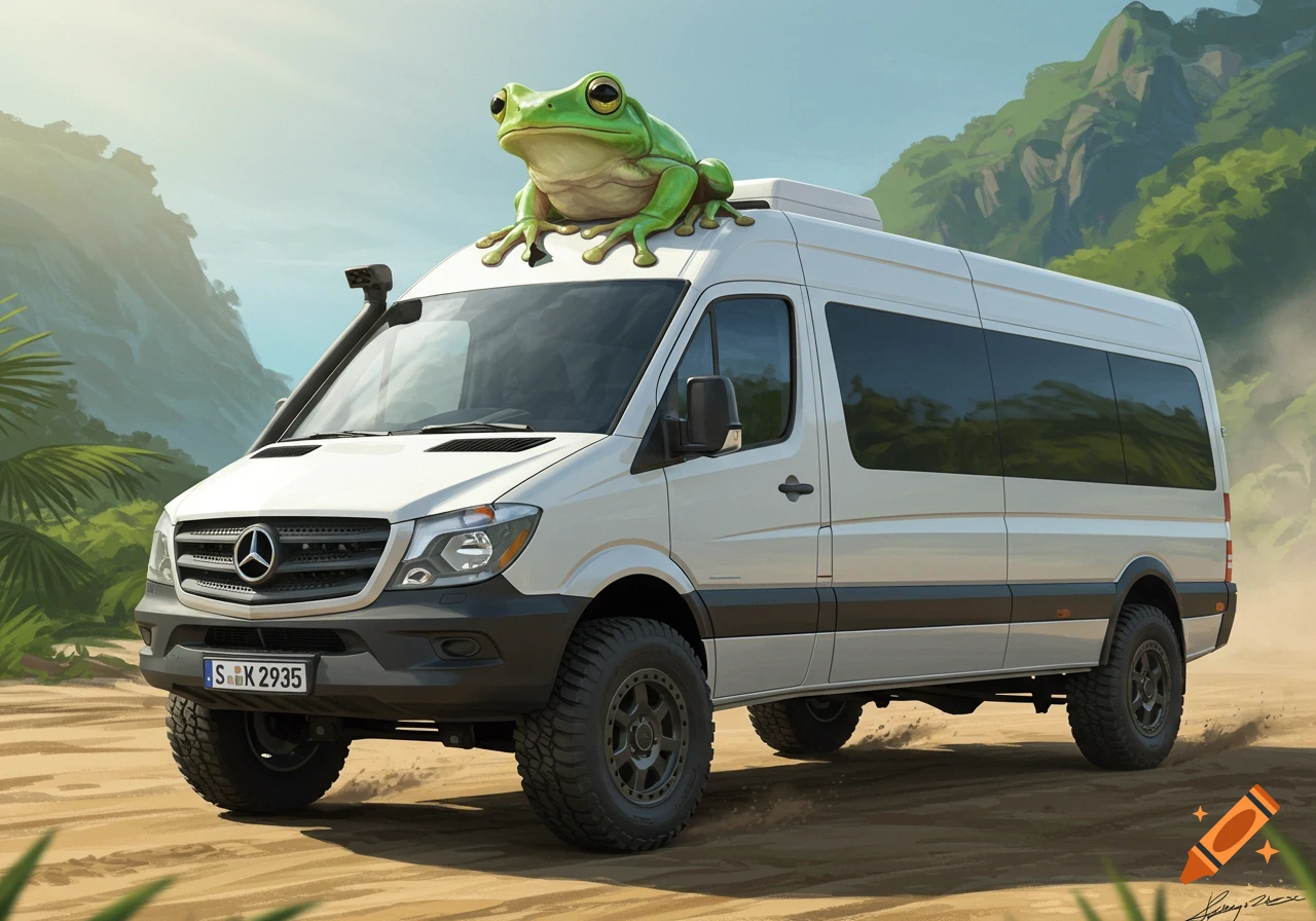 A large green frog sits atop a white Mercedes Sprinter 4x4 van on a ...