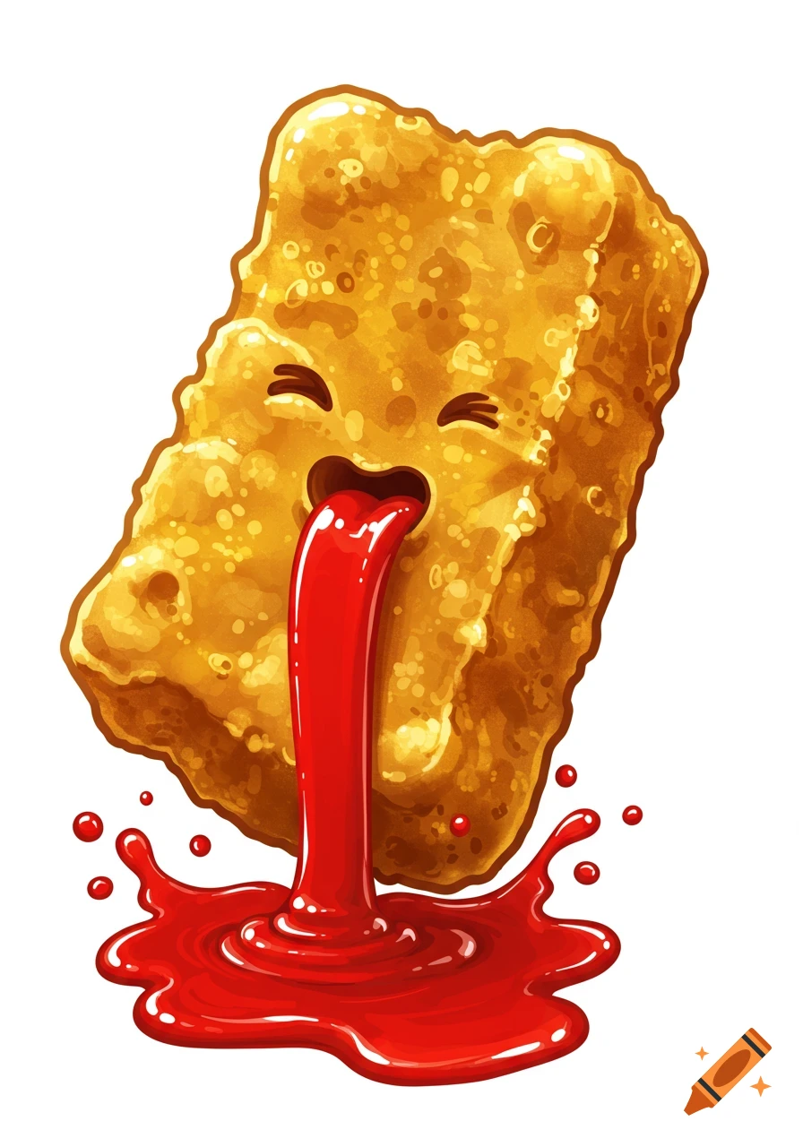 Cartoon chicken nugget character vomiting ketchup on Craiyon
