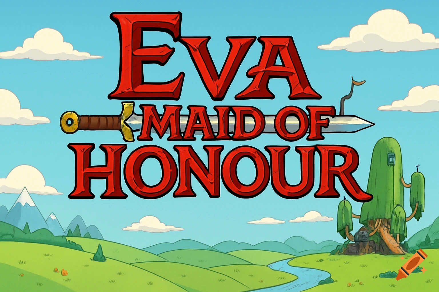 Adventure Time style landscape with mountains, river, and treehouse ...