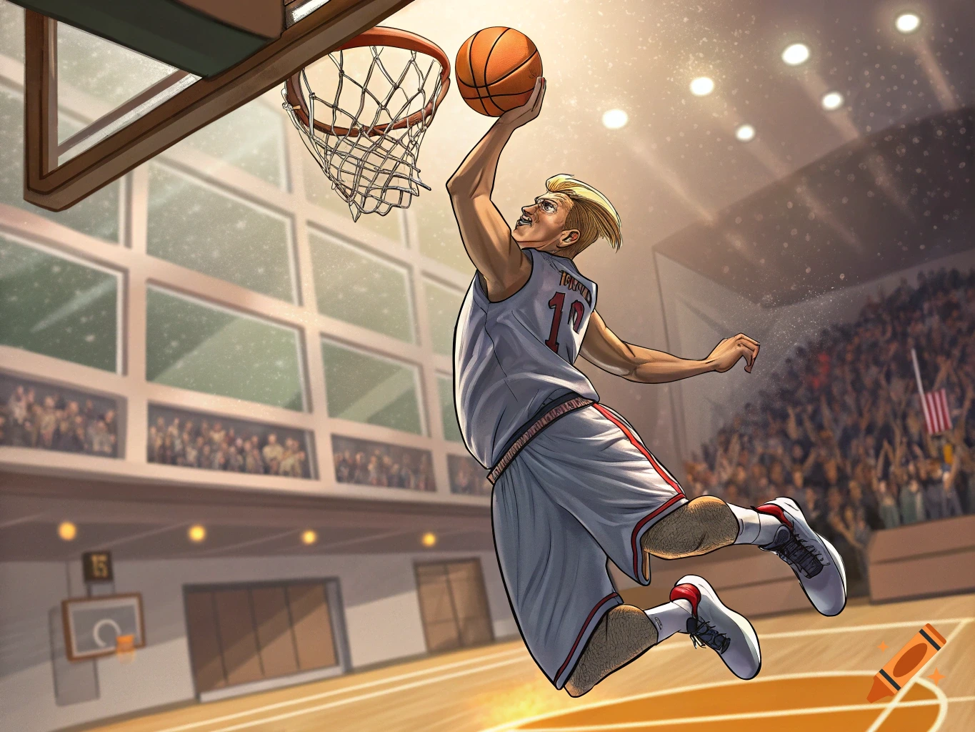 Stylized illustration of a man resembling Trump slam dunking a ...