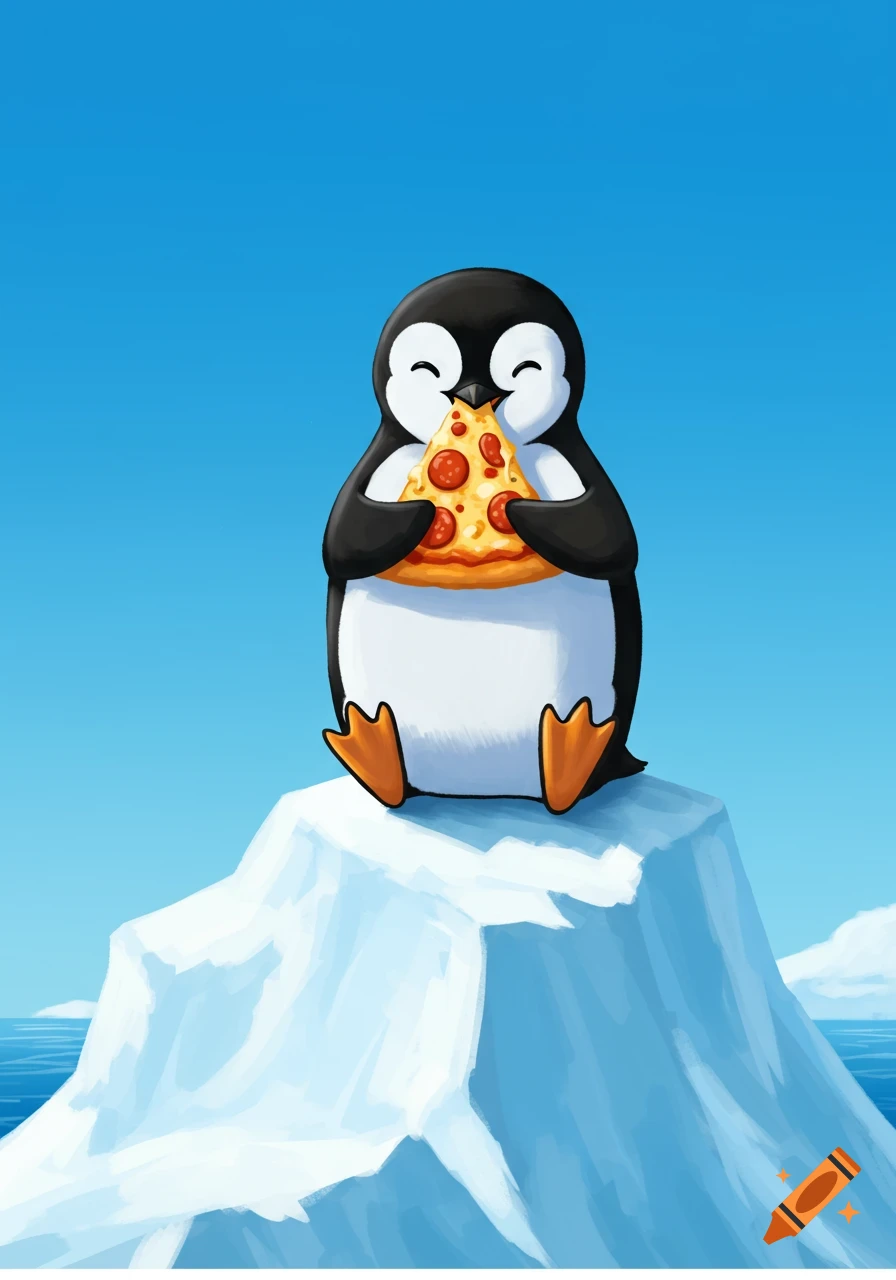 Cute cartoon penguin sits on an iceberg eating pizza against blue sky ...