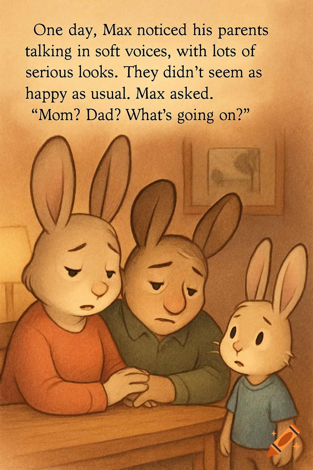 Illustration of two adult bunnies sitting at a table with worried ...