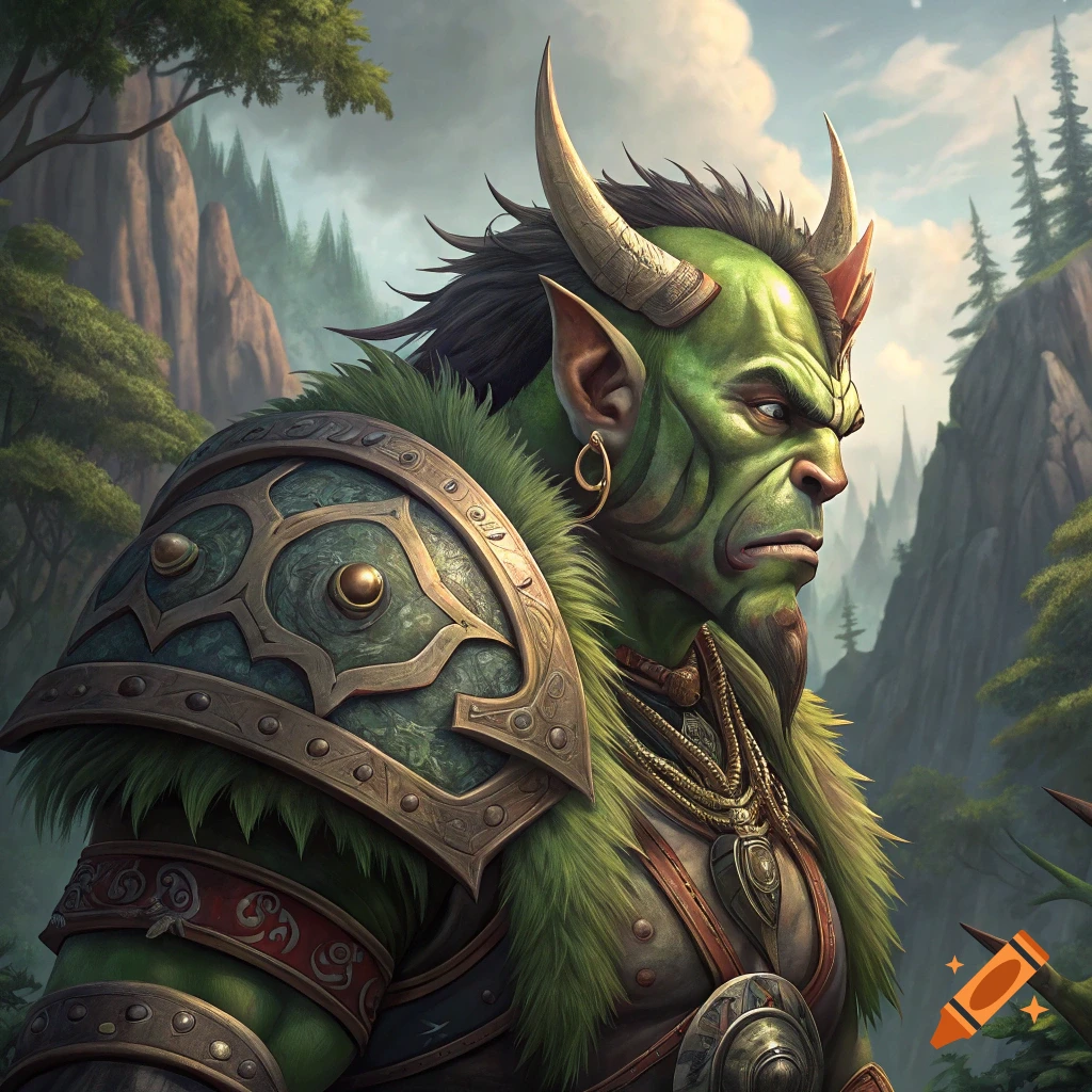 Portrait of a fierce green orc with horns and elaborate armor, standing ...