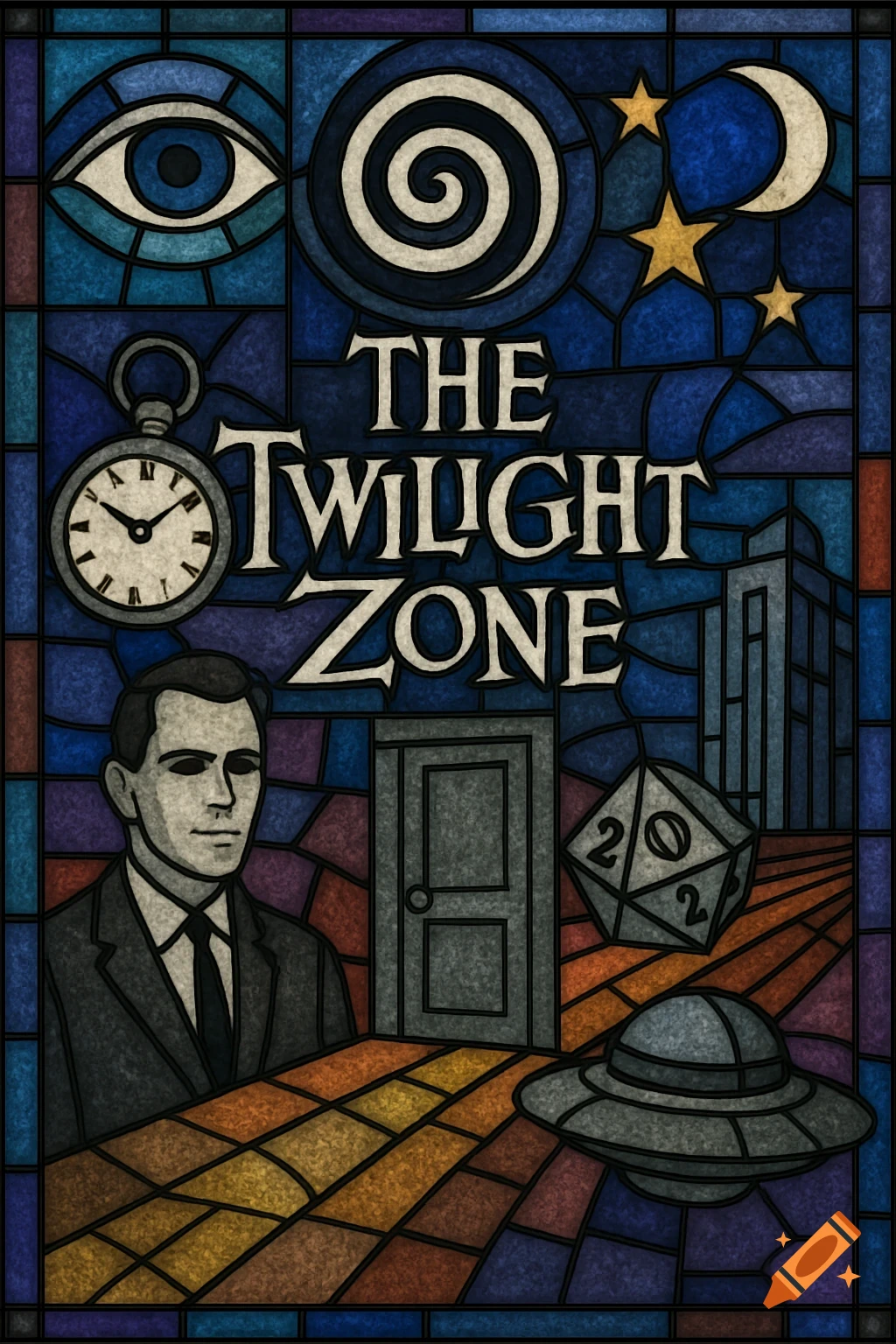 Stained glass art of The Twilight Zone with title, eye, spiral, clock ...