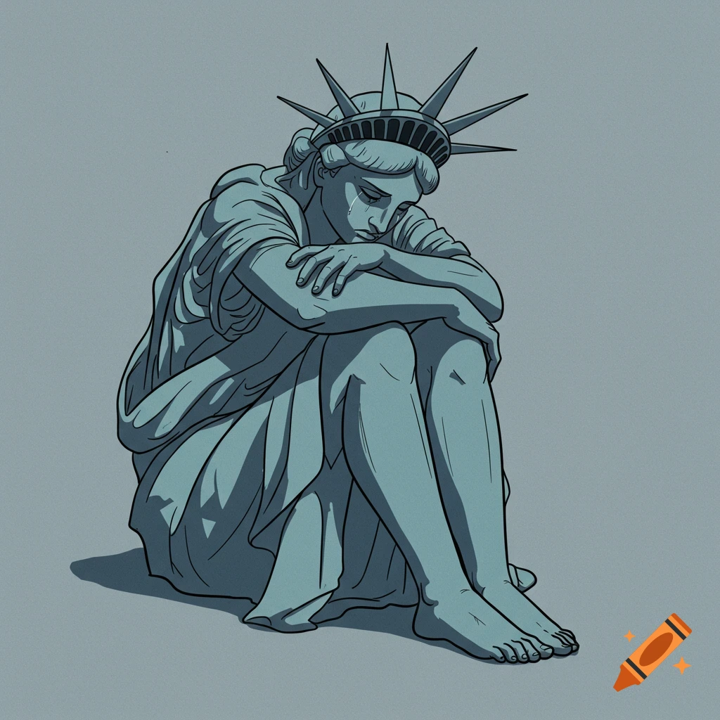 Drawing of the Statue of Liberty sitting down, appearing sad. on Craiyon