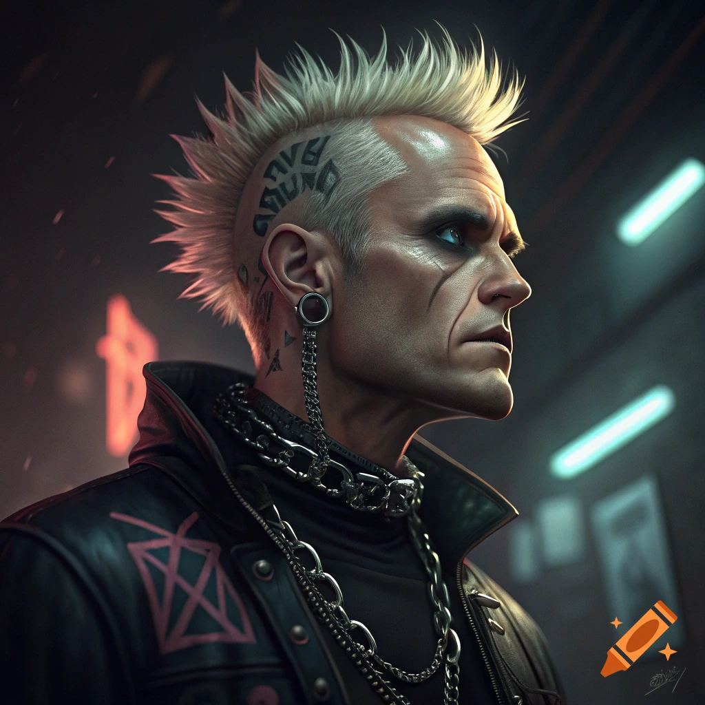 Portrait of a man in cyberpunk punk style with mohawk, tattoos, and ...