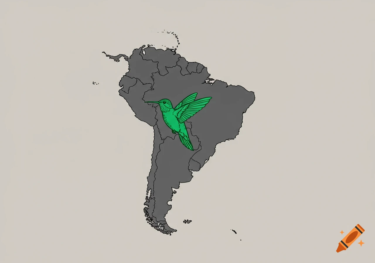 Outline map of South America with a green hummingbird overlay. on Craiyon