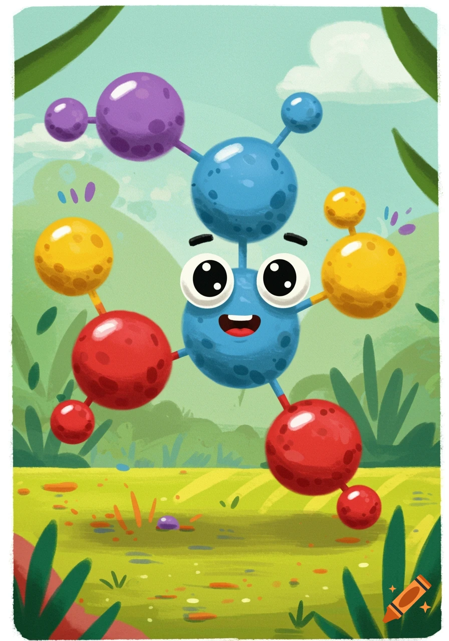 Cartoon illustration of a smiling molecule character with red, blue ...