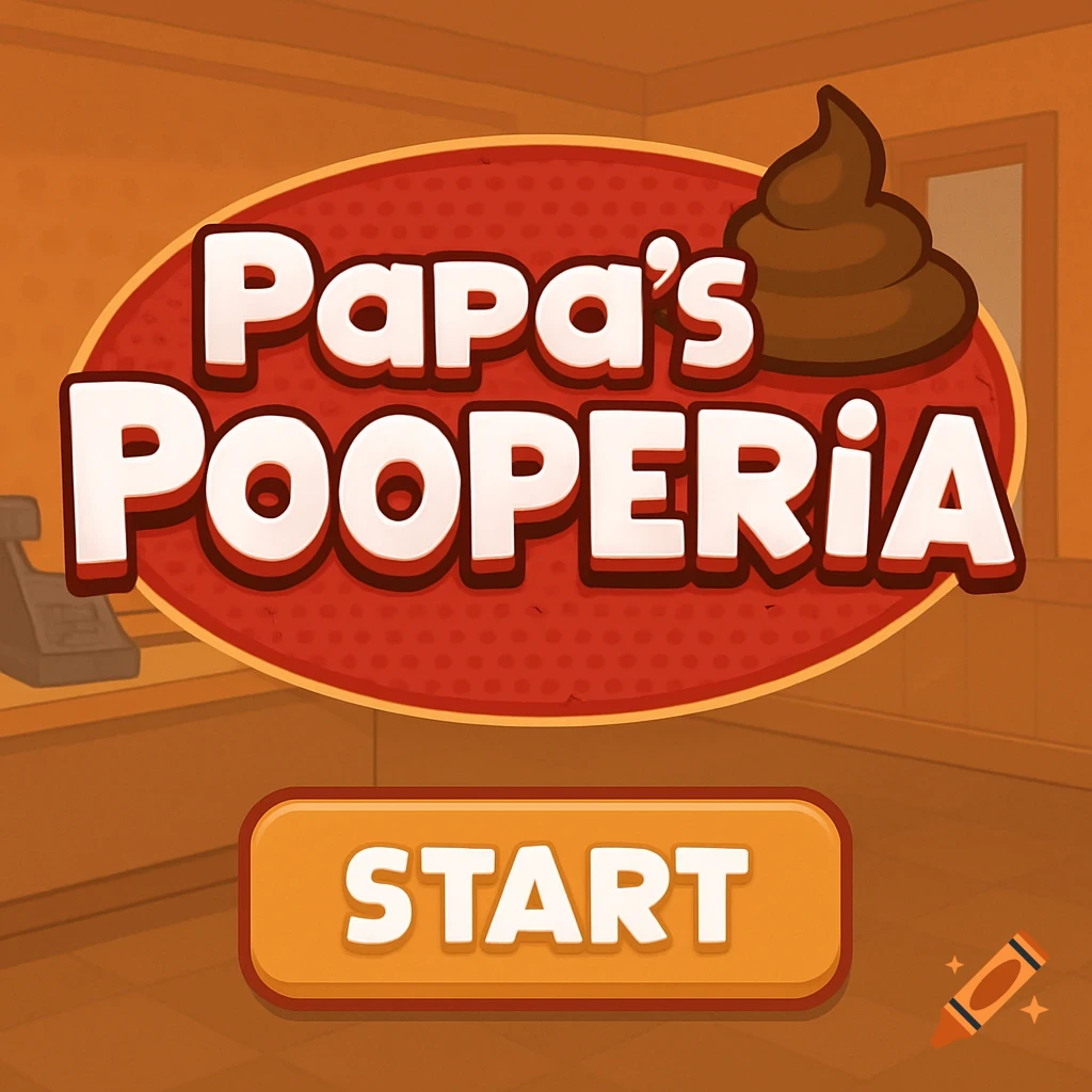 Cartoon title screen for Papa's Pooperia game with text, poop, and ...
