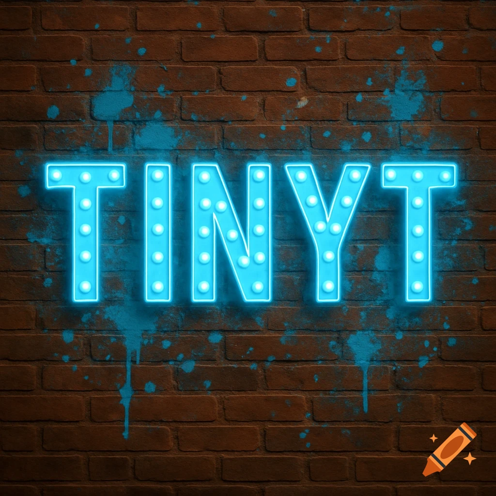 Blue neon sign spelling TINYT on a brick wall with blue paint splatter ...