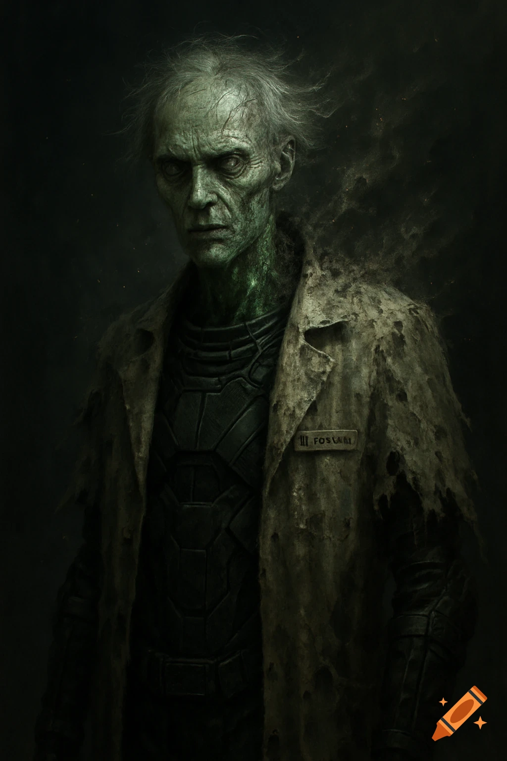 Portrait of a gaunt, zombie-like figure in a tattered lab coat and tech ...