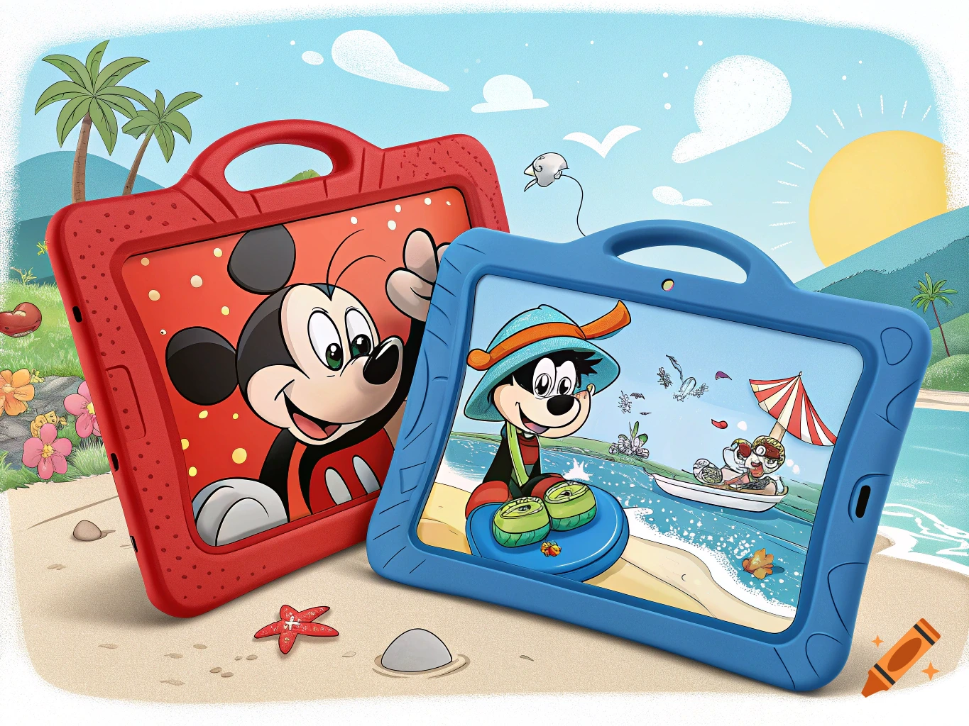Cartoon illustration of a red tablet with a Mickey Mouse case and a ...