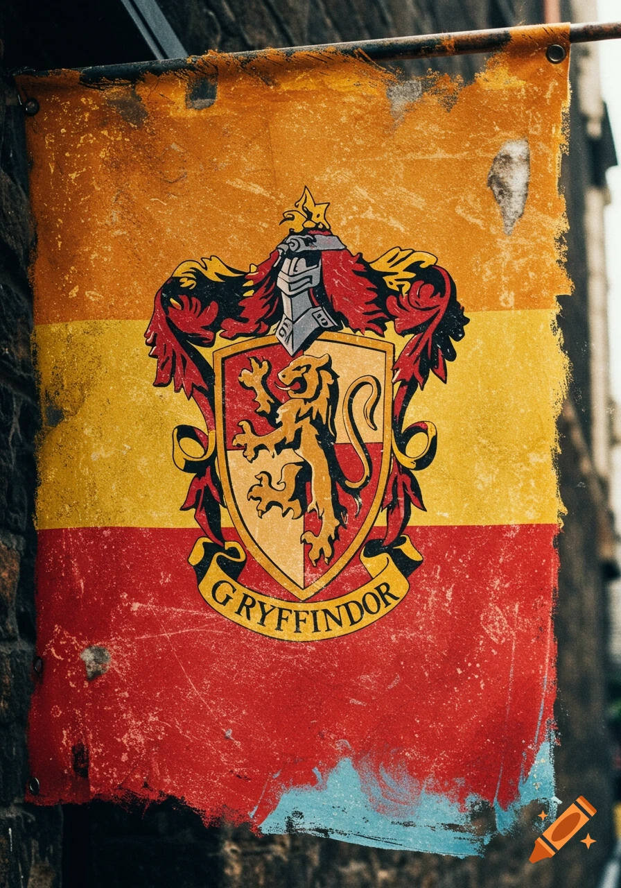 A grungy Gryffindor flag hangs on a brick wall. on Craiyon