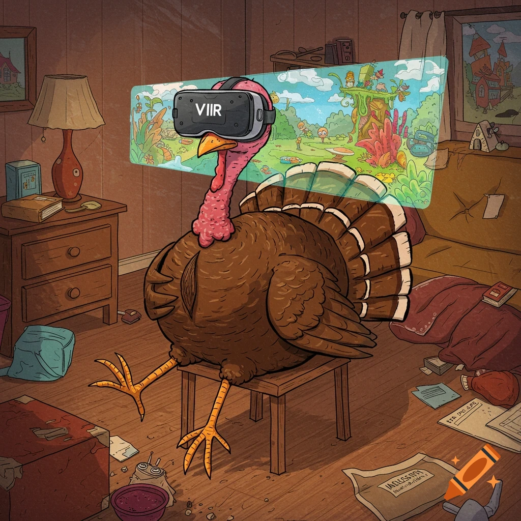 Cartoon drawing of a turkey wearing a VR headset in a messy living room ...