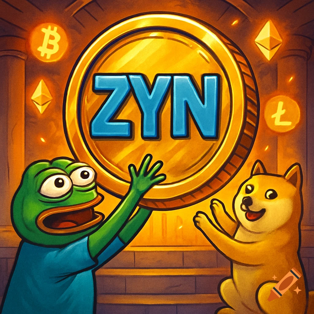 Pepe the Frog and Doge characters reach towards a giant golden coin ...