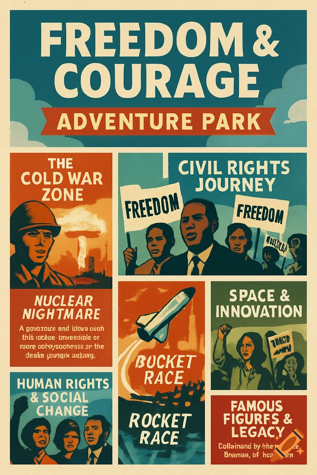 A stylized vintage-style poster for 'Freedom & Courage Adventure Park ...