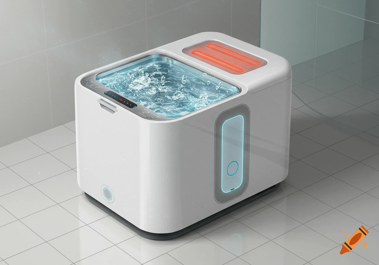 Futuristic white appliance with bubbling water tank and orange heater ...