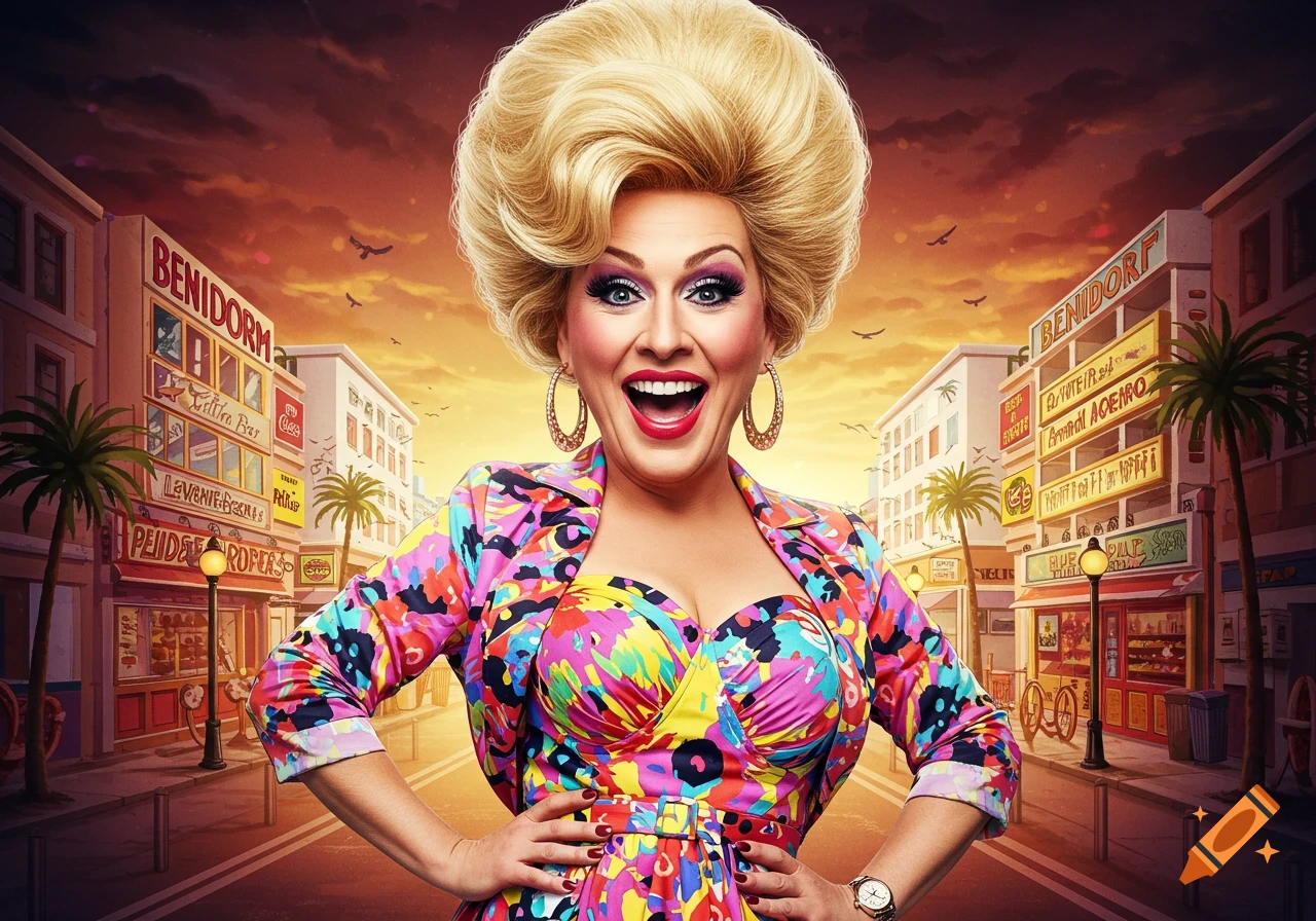 Person in drag with big blonde hair and colorful outfit smiling in a ...