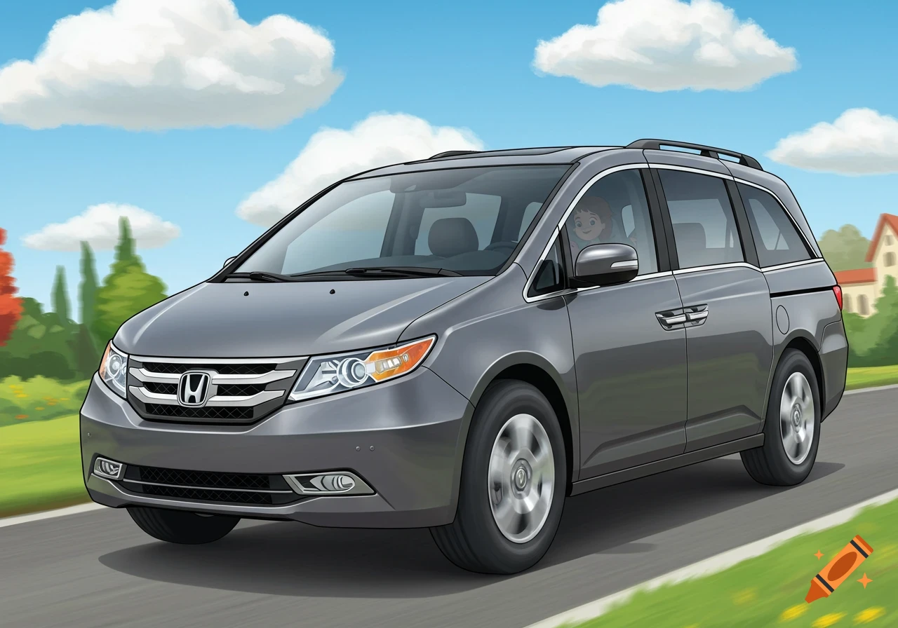 Cartoon of a gray Honda Odyssey minivan driving on a road. on Craiyon