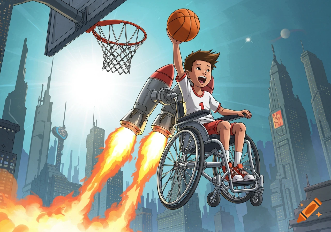 Illustration of boy in rocket-powered wheelchair dunking basketball in ...