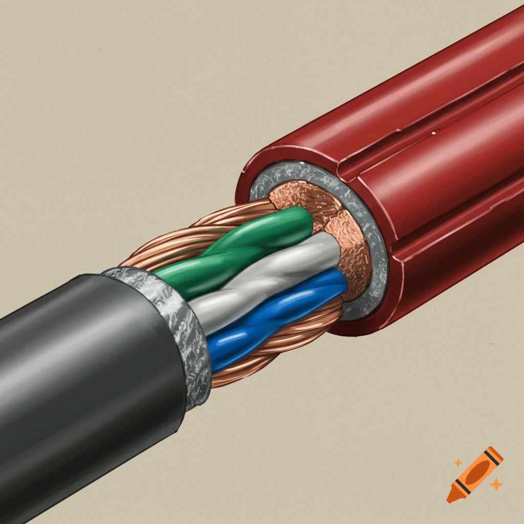 A close-up cross-section of a metal-clad electrical cable showing ...