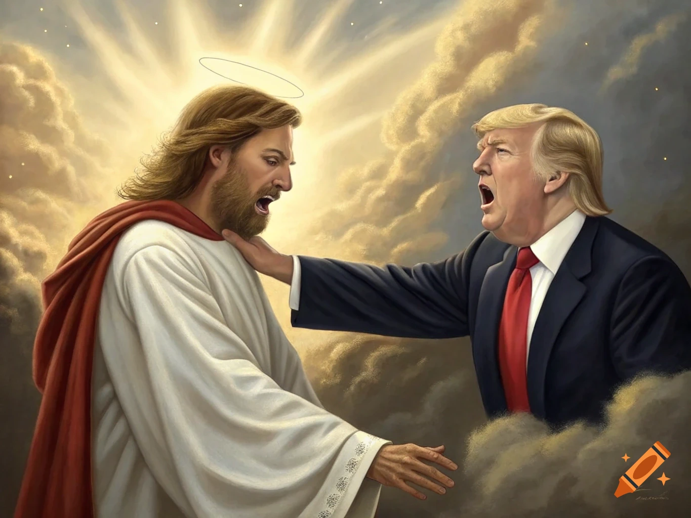 Painting of Jesus Christ and Donald Trump shouting at each other in the ...