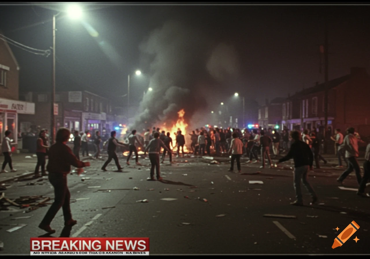 Nighttime scene of a riot on a street with a large fire and crowd, in ...