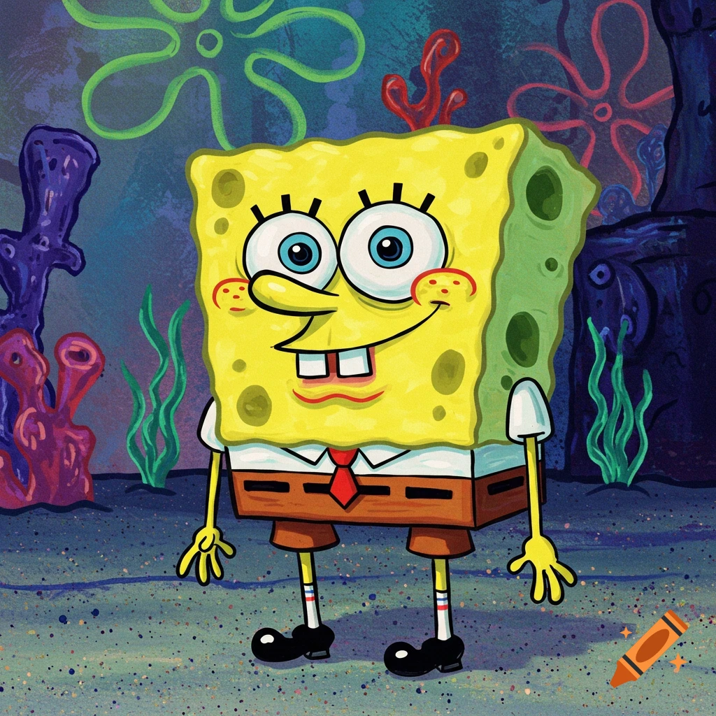 Spongebob Squarepants stands in an underwater scene. on Craiyon