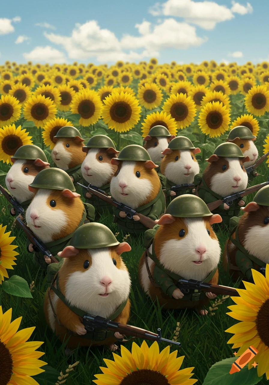 An army of guinea pigs in military uniforms and helmets stands in a ...