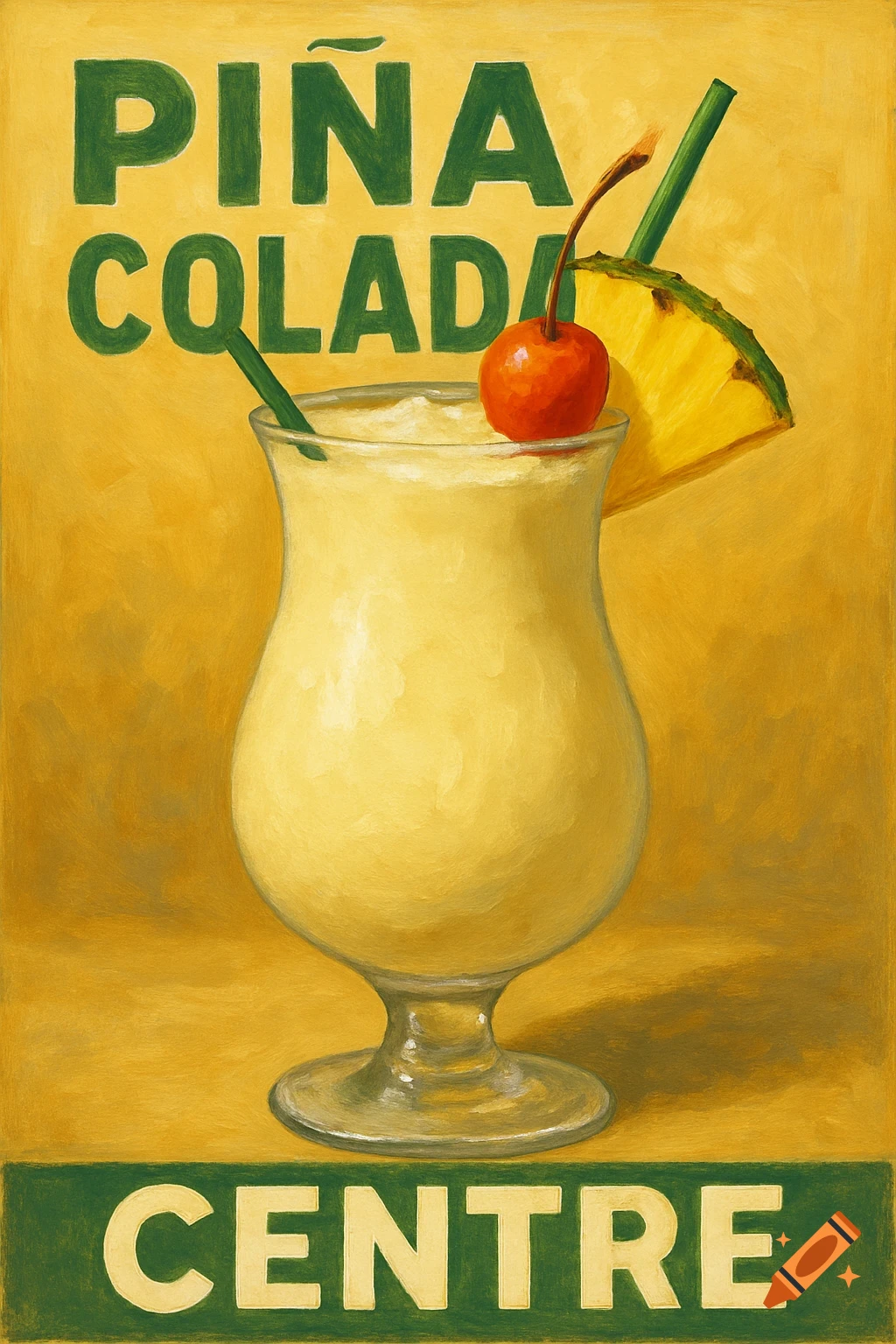 Vintage poster painting of a Pina Colada cocktail with text 'Pina ...