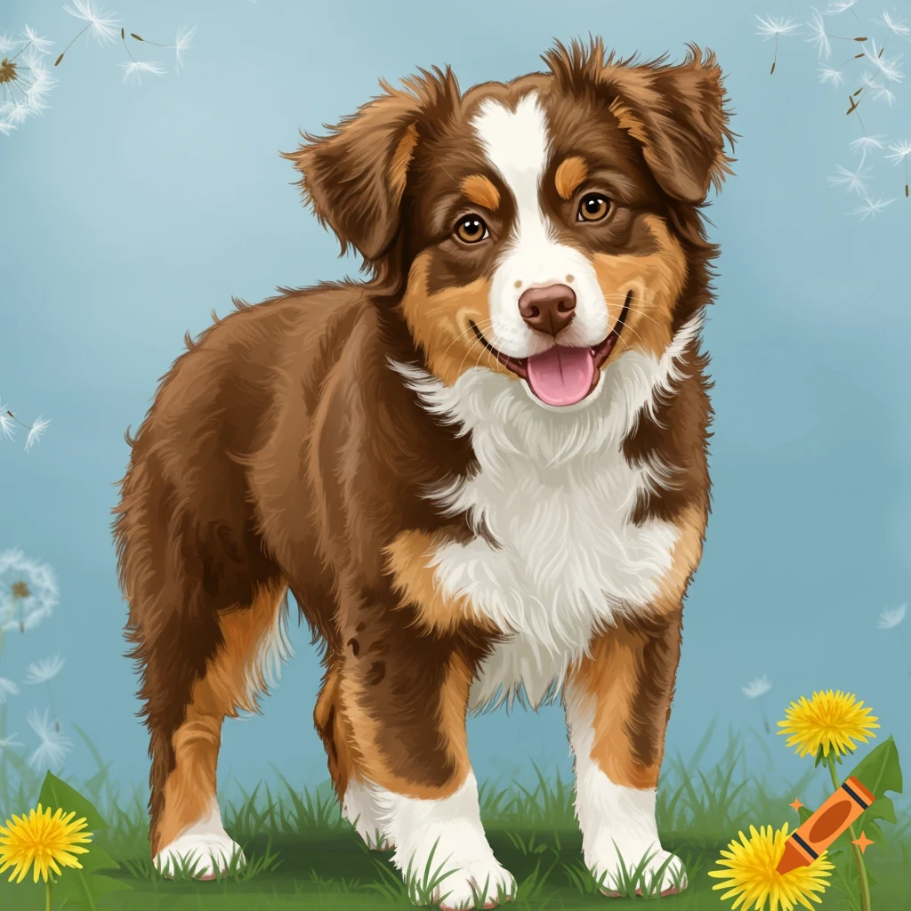 Cartoon illustration of a tri-color Aussie Shepherd puppy standing in ...