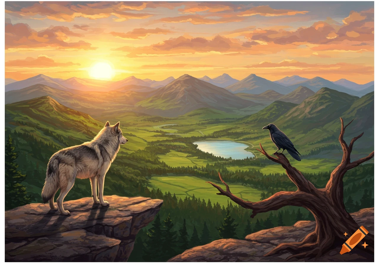 Wolf and crow on a cliff overlooking a valley at sunset. on Craiyon