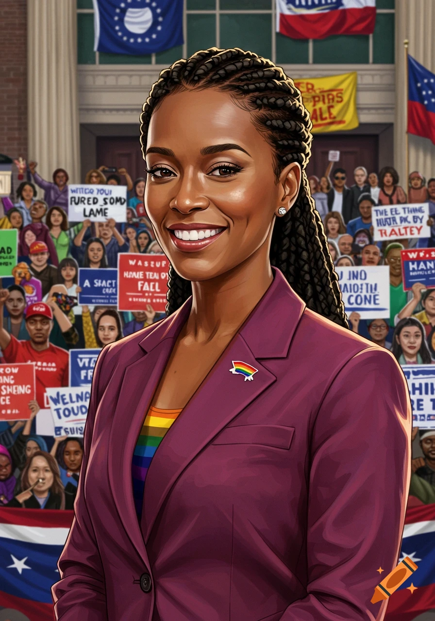 Smiling woman leader in suit with pride pin in front of rally crowd ...