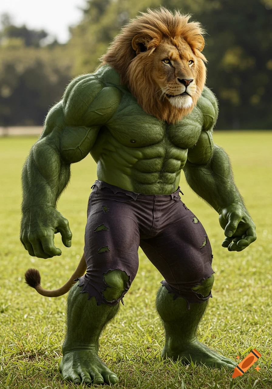 A creature combining a lion's head and mane with the green, muscular ...